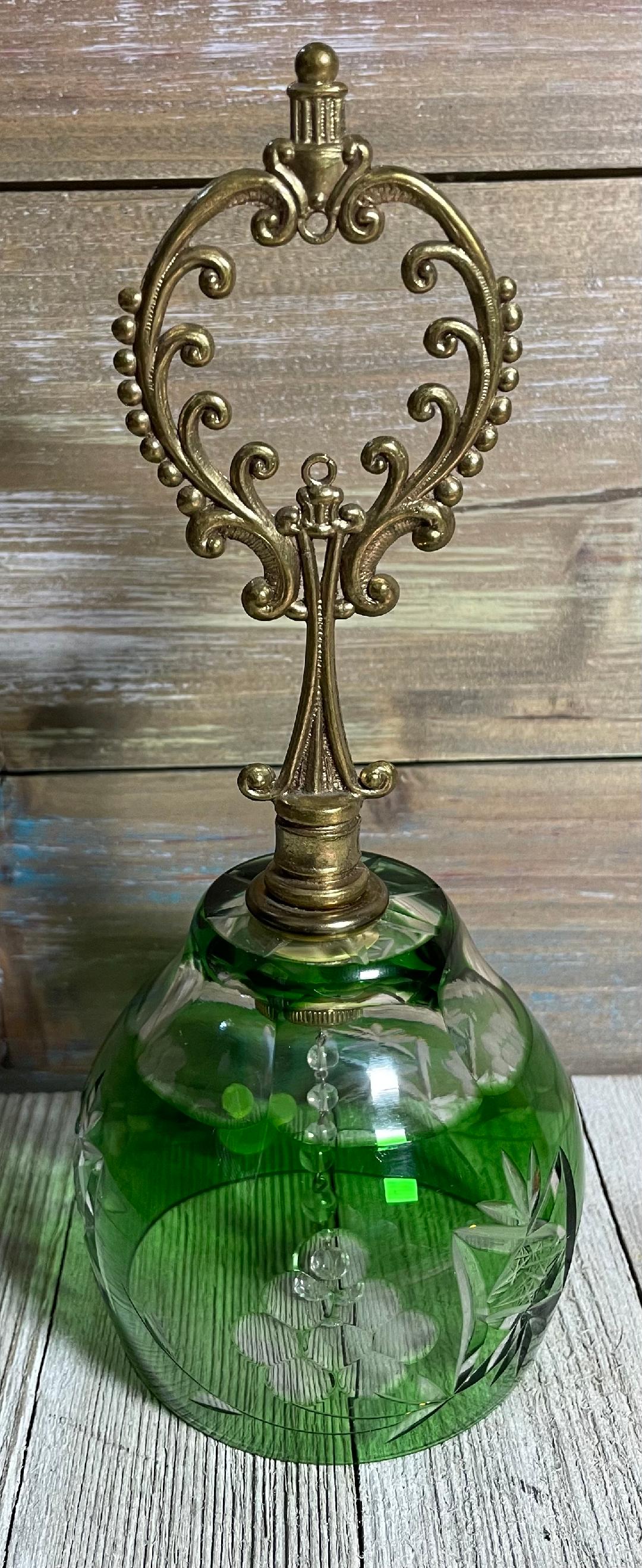 Elegant 8" Vintage 1950's Green Etched Hand Cut Crystal Bell Made in ...