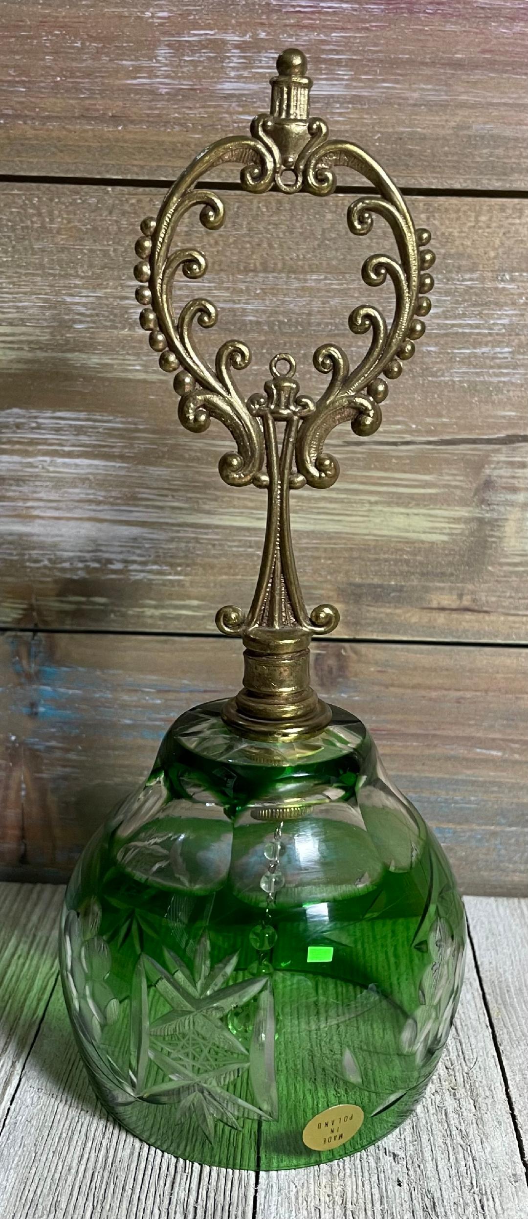 Elegant 8" Vintage 1950's Green Etched Hand Cut Crystal Bell Made in ...