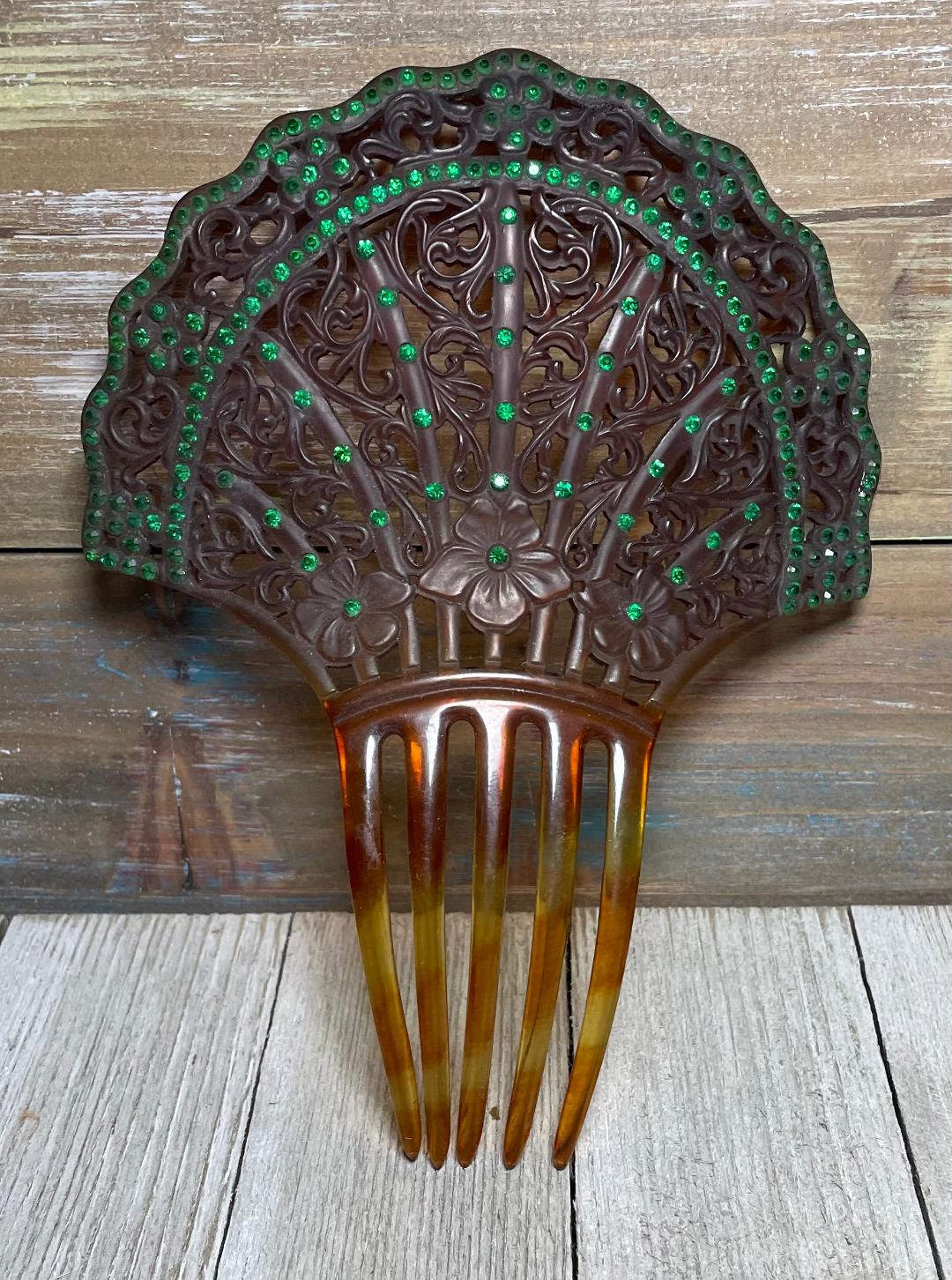 Opulent Vintage 1920's Large Mantilla Celluloid Hair Comb w/ Emerald ...